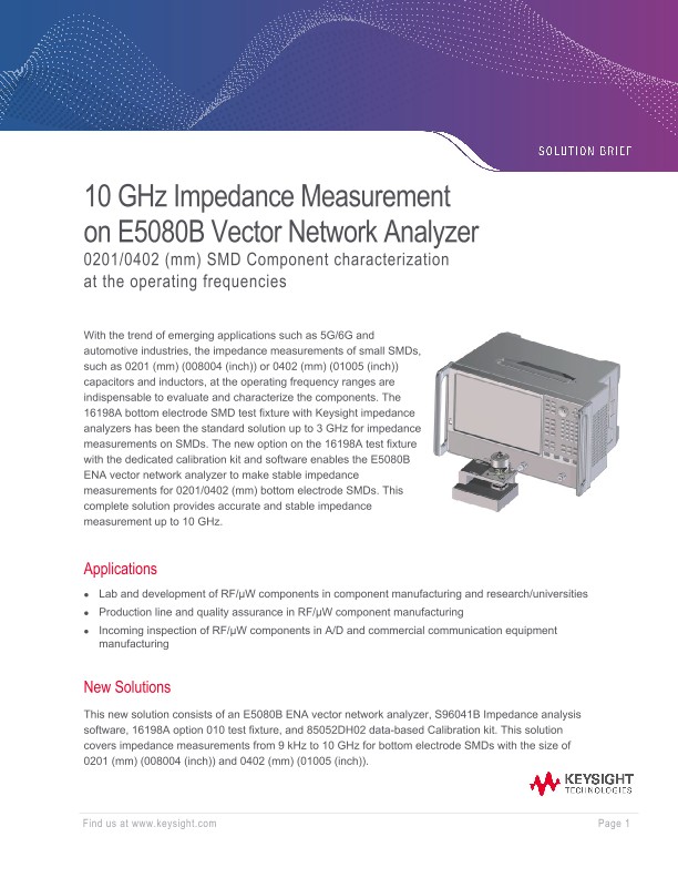 10 GHz Impedance Measurement on E5080B Vector Network Analyzer PDF Asset Page | Keysight